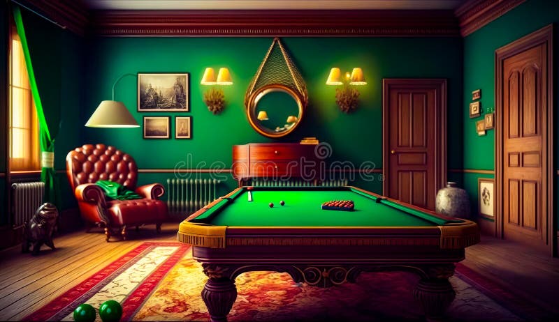 Green Room with Pool Table and Chair and Mirror on the Wall. Generative ...