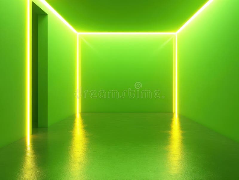 Green Room Shows Empty Space with Neon Lights. Minimalist Interior ...