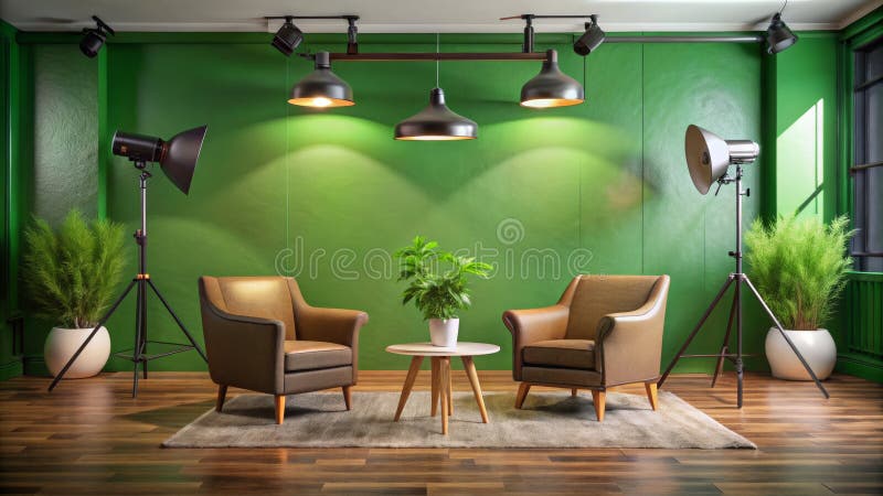 Green Room Studio Setup Two Armchairs, Lighting, Plants Stock ...