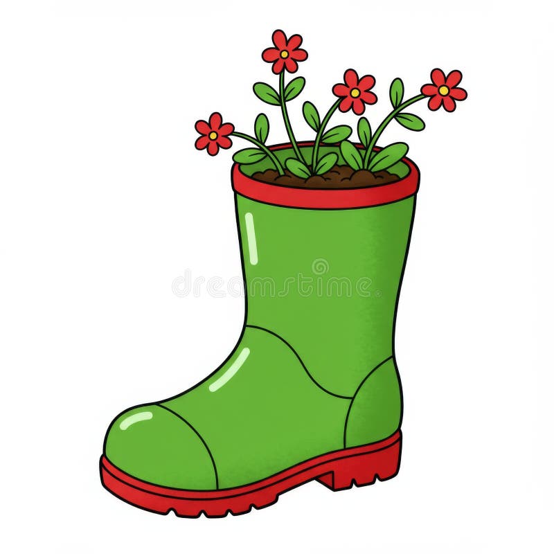 Green Rubber Boots Planter with Red Flowers Stock Illustration ...