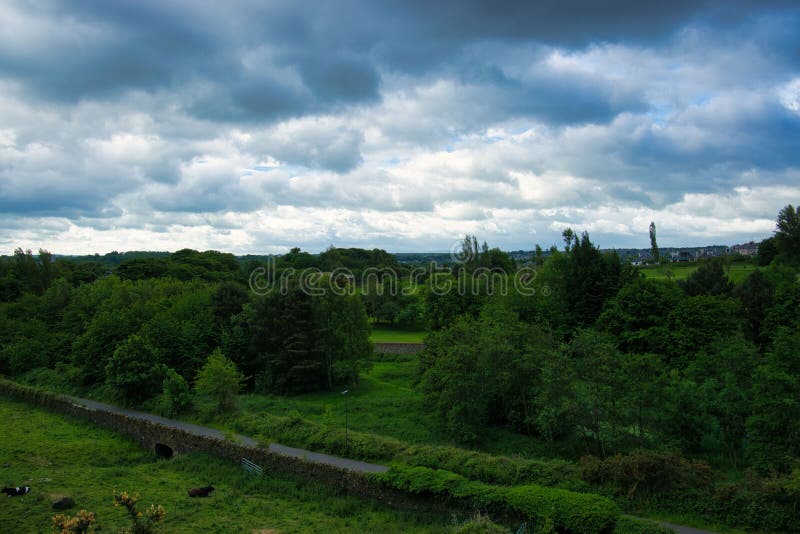 Green Rural Area with Lush Trees and Plants Under Blue Cloudy Sky Stock ...