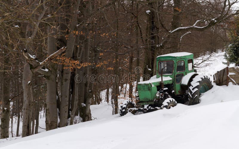 Green Rustic Old Tractor in Snowy Weather Stock Photo - Image of farmer ...
