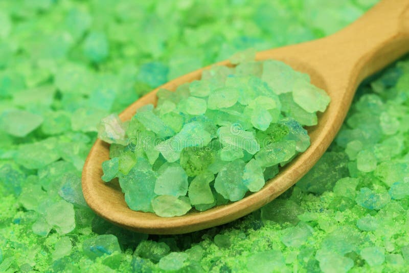 Green Salt Crystals in a Wooden Spoon Stock Image - Image of chemistry ...