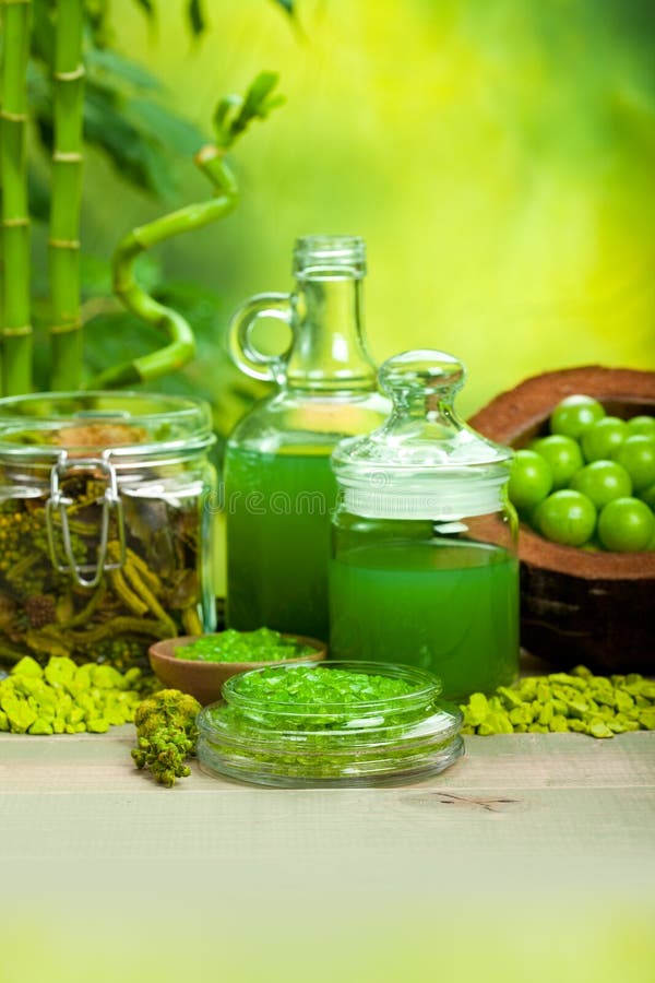 Green Salt and Oils - Aromatherapy Stock Image - Image of glycerine ...