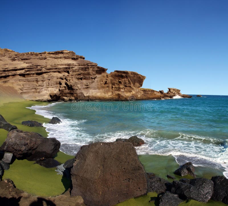 Green sand beach stock photo. Image of ocean, island, background - 7496142