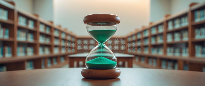 A Green Sand Timer Sits on a Wooden Table in Front of a Library Stock ...