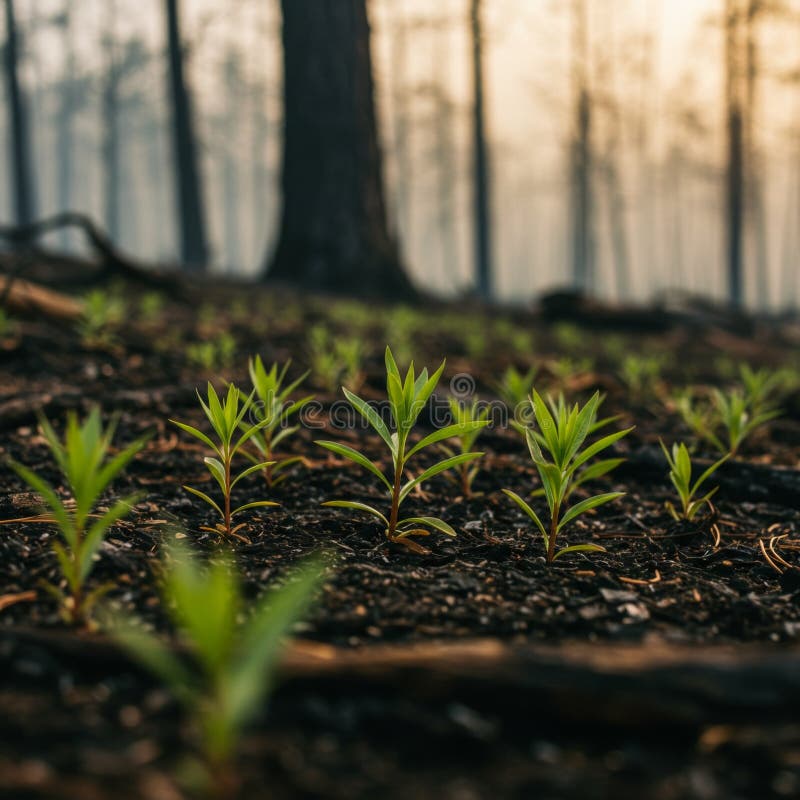 Green Saplings Emerging from Burned Forest Soil Stock Illustration - Illustration of ...