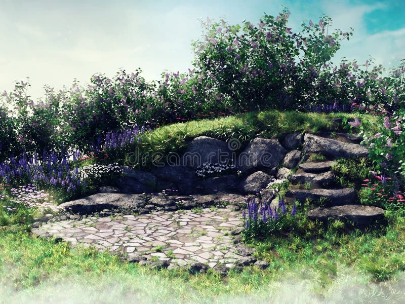 Stone Path on a Green Meadow Stock Illustration - Illustration of path ...