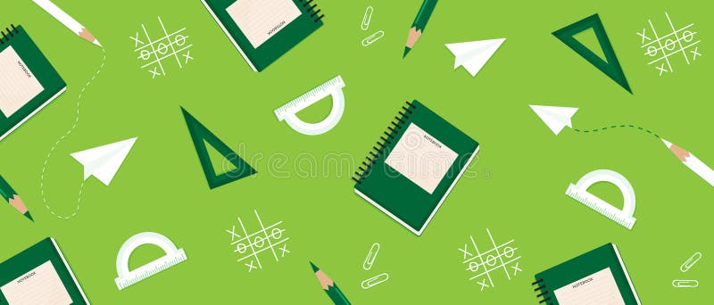 Green School Background with Notebooks and Stationery Flat Vector ...