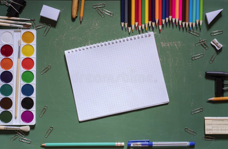 Green School Board with a Notebook Surrounded by a Variety of Offices ...