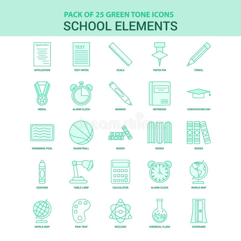 25 Green School Elements Icon Set Stock Vector - Illustration of ...