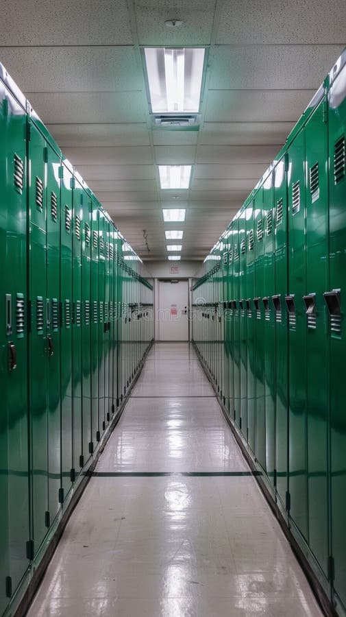 Green School Lockers Lining a Corridor Stock Photo - Image of clean ...