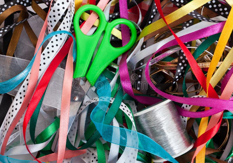 Green Scissors on the Bunch of Ribbons Stock Photo - Image of violet ...