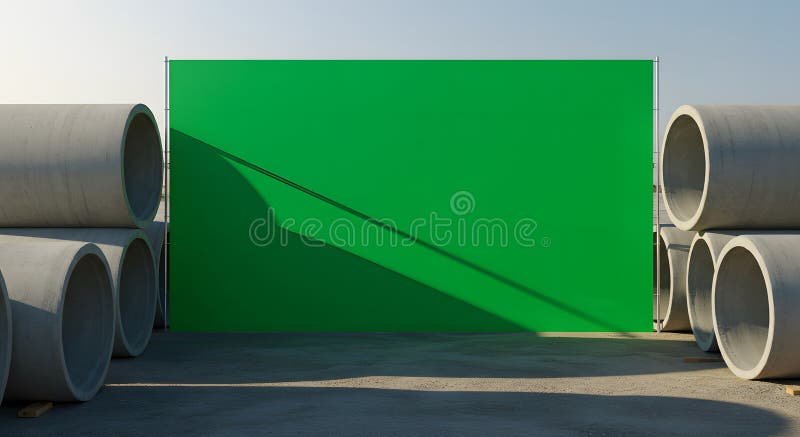 Green Screen Background with Concrete Pipes: Construction Site Mockup ...
