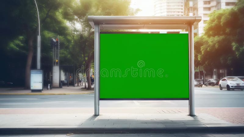 Green Screen Billboard Standing Empty at Urban Bus Stop, Passing ...