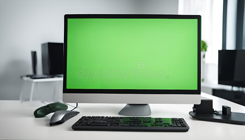 Green Screen Computer Monitor on Desk in Office Stock Illustration ...