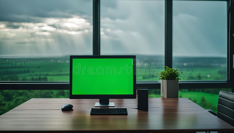 Green Screen Computer on Office Desk with Window View Stock ...