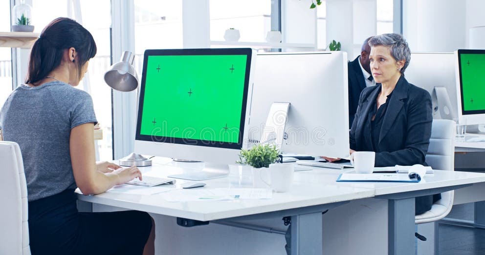 Green Screen, Computer and People with Project, Creative and ...