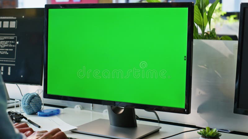 Green Screen Computer Standing Table at Office Room Closeup. Worker ...