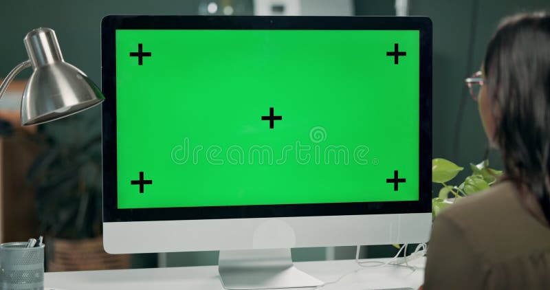 Green Screen, Computer and Woman in Office, Back and Communication for ...