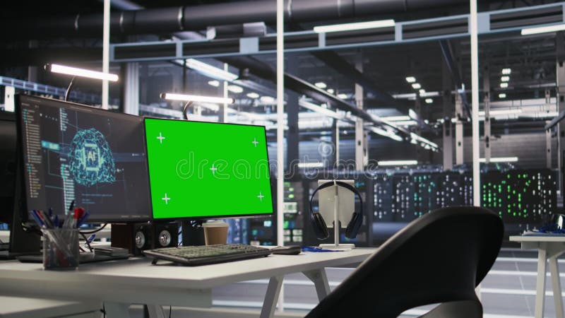 Green Screen Desktop PC Set Up in Data Center Overseeing Server ...