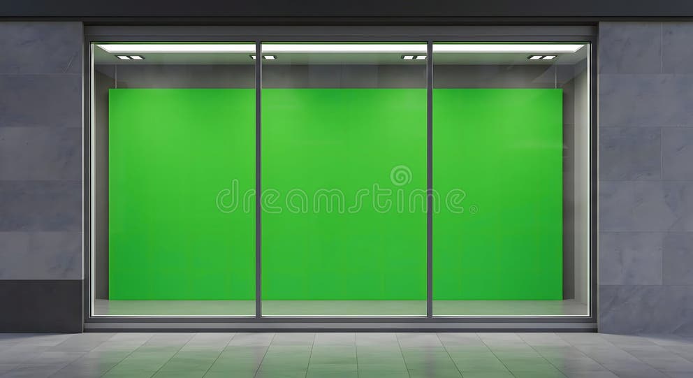 Green Screen Display Showcase Mockup: Modern Store Front Design Stock ...