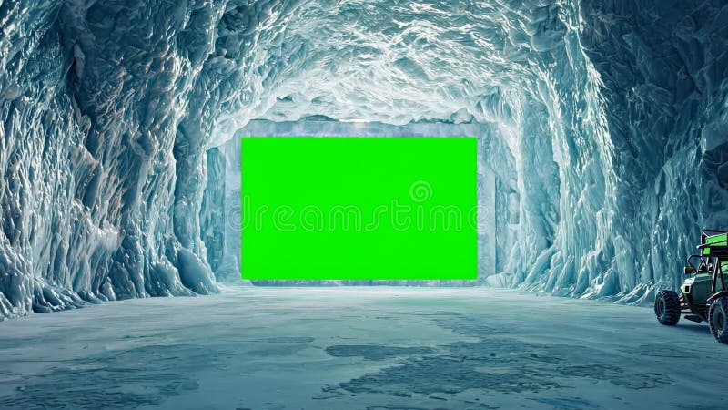 Green Screen Displaying in Ice Cave with Exploration Vehicle Stock ...
