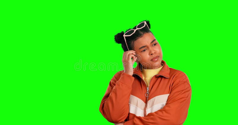 Green Screen Face, Thinking or Mockup Woman with Decision Doubt ...