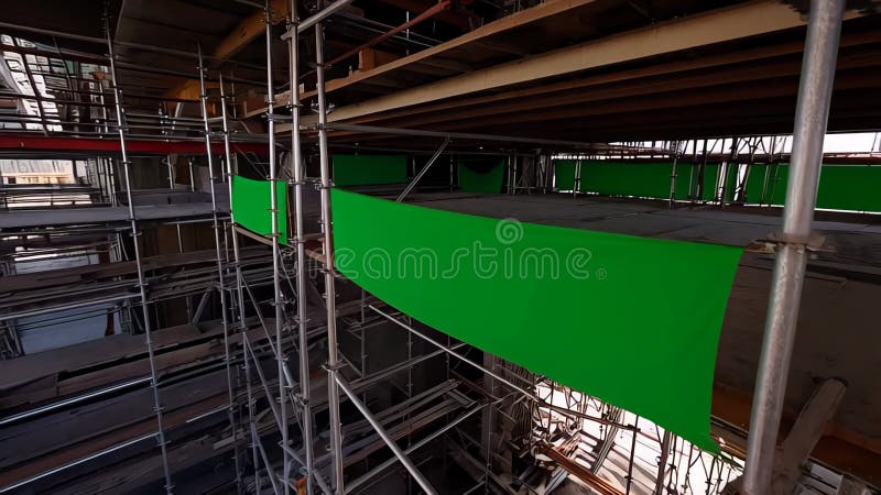 Green Screen Hanging between Scaffolding in a Building Under ...
