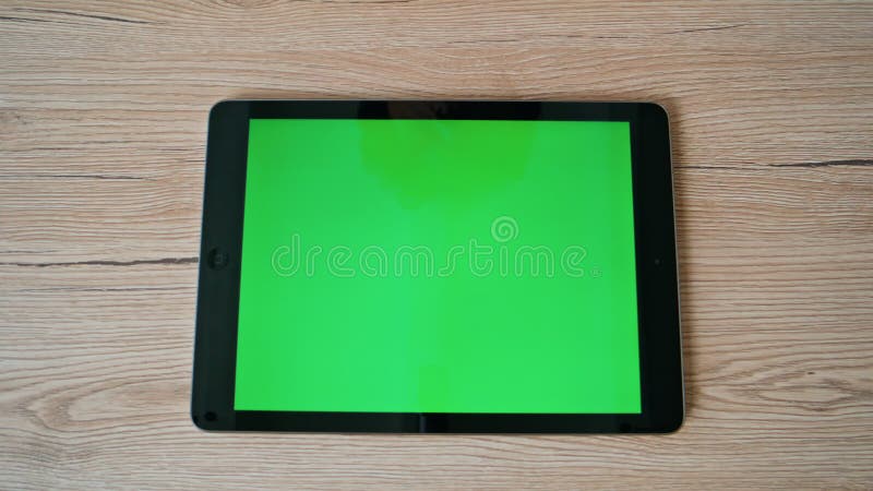 Green Screen Horizontal Tablet Placed at Remote Workplace Closeup Top ...