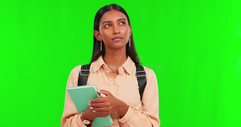 Green Screen, Indian Woman Thinking and Student Holding a Book with ...