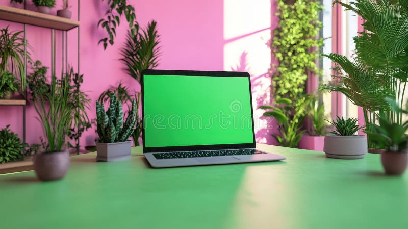 Green Screen Laptop Amidst Indoor Plants Vibrant Workspace Setup Stock ...