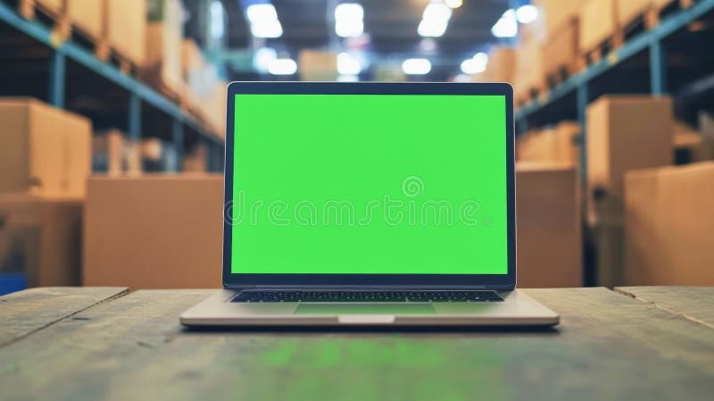 Green Screen Laptop Setup on Wooden Table within Bright Warehouse ...