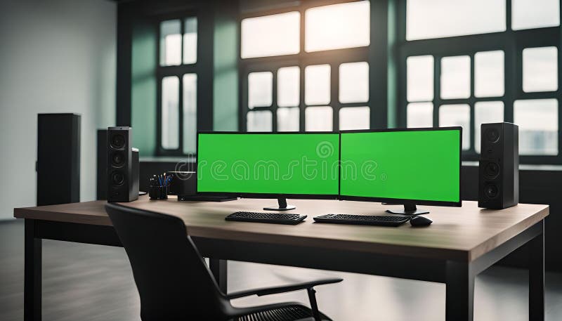 Green Screen Monitors on Desk in Modern Office Stock Illustration ...