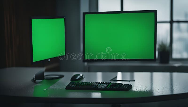 Green Screen Monitors on a Desk in an Office Stock Image - Image of ...
