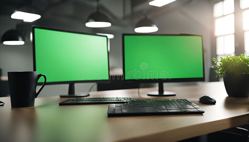 Green Screen Monitors on a Desk in an Office Stock Image - Image of ...