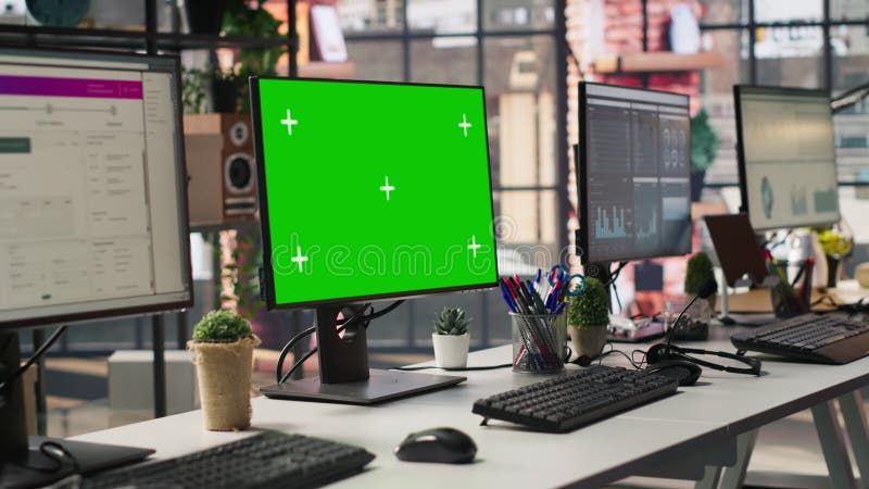Green Screen PC Monitors in Empty Call Center Office, Panning Shot ...