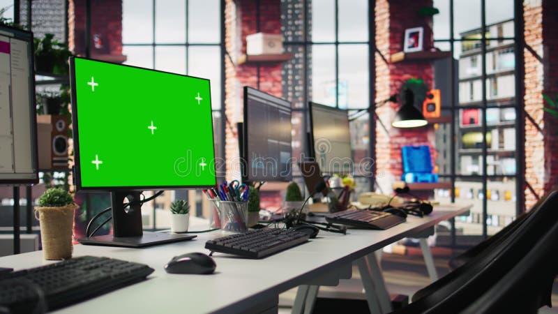 Green Screen PC Monitors in Empty Call Center Office, Panning Shot ...