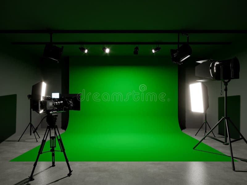 Green Screen Photo Studio with Lighting and Movie Camera. 3D Stock ...