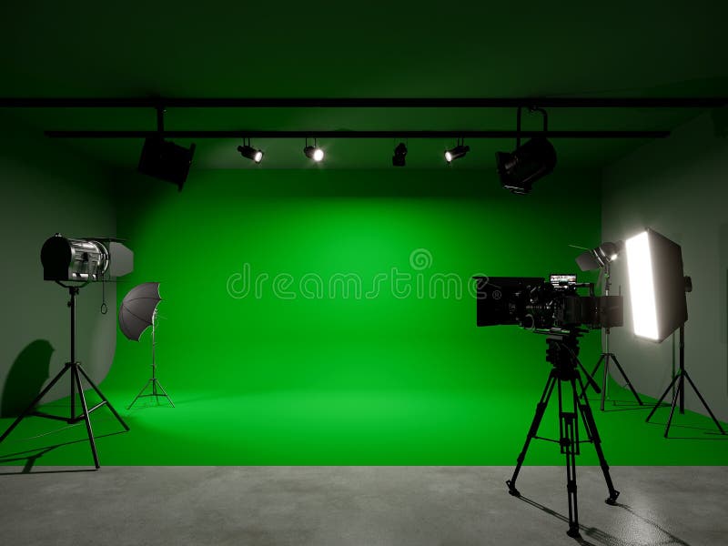 Green Screen Photo Studio with Lighting and Movie Camera. 3D Stock ...