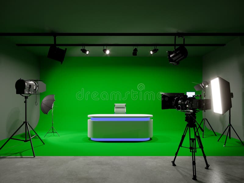 Green Screen Photo Studio with Lighting and Movie Camera. 3D Stock ...