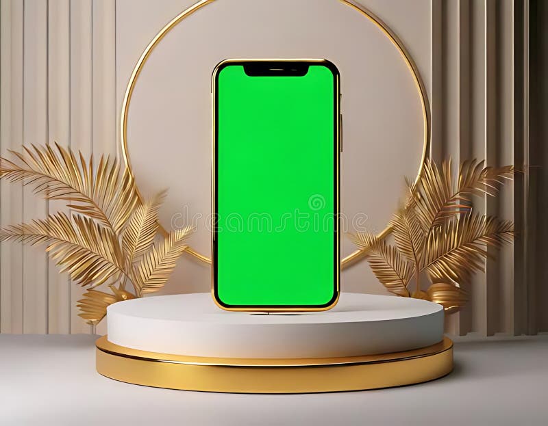 A Green Screen Smartphone Rests on a Gold Tiered Platform with ...
