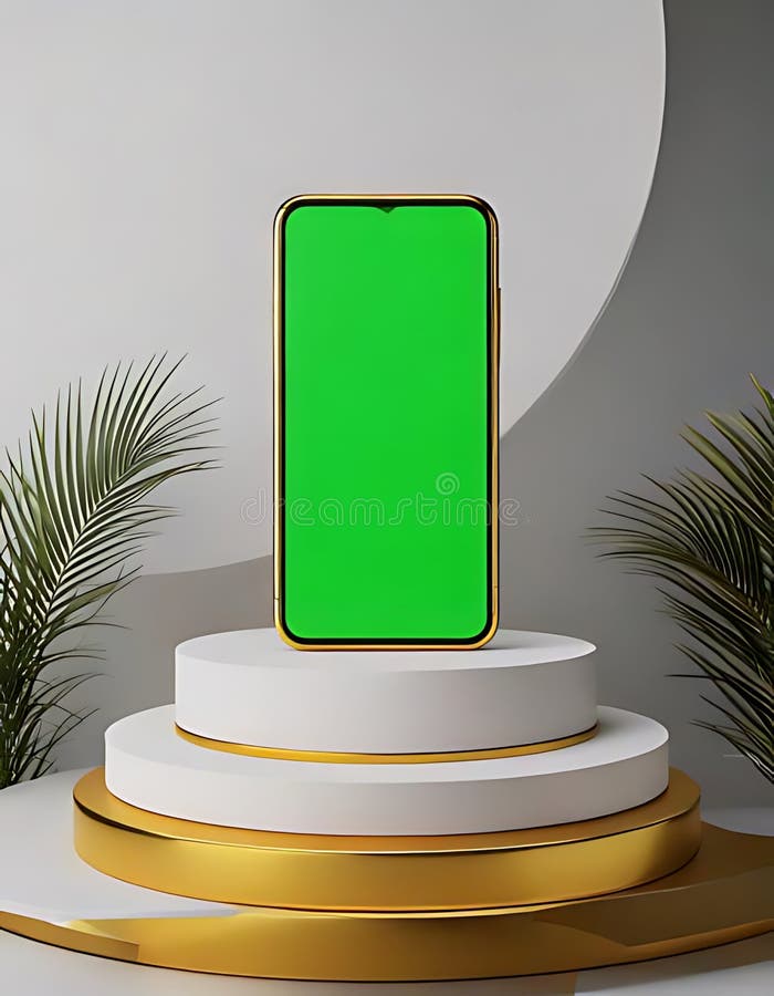 A Green Screen Smartphone Rests on a Gold Tiered Platform with ...