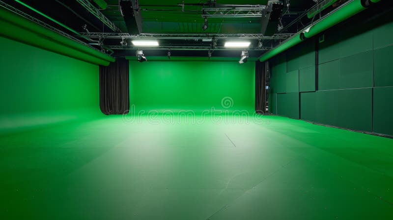 Green Screen Studio with Lighting and Curtains Stock Image - Image of ...
