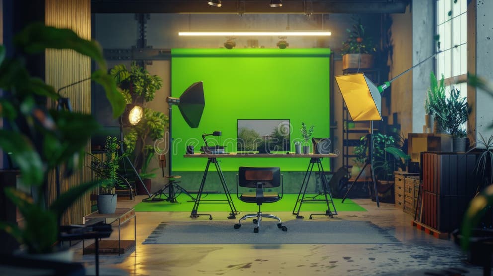 Green Screen Studio Setup with Lighting Equipment Stock Image - Image of recording, editing ...