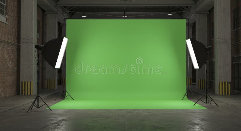 Green Screen Studio Setup with Lighting in Industrial Environment Stock ...