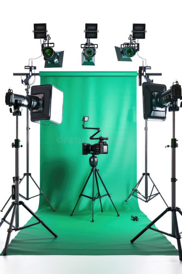 Green Screen Studio Setup with Multiple Lights, Cameras, and a Centered ...