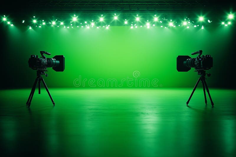Green Screen Studio with Two Cameras on Tripods Bright Lights ...