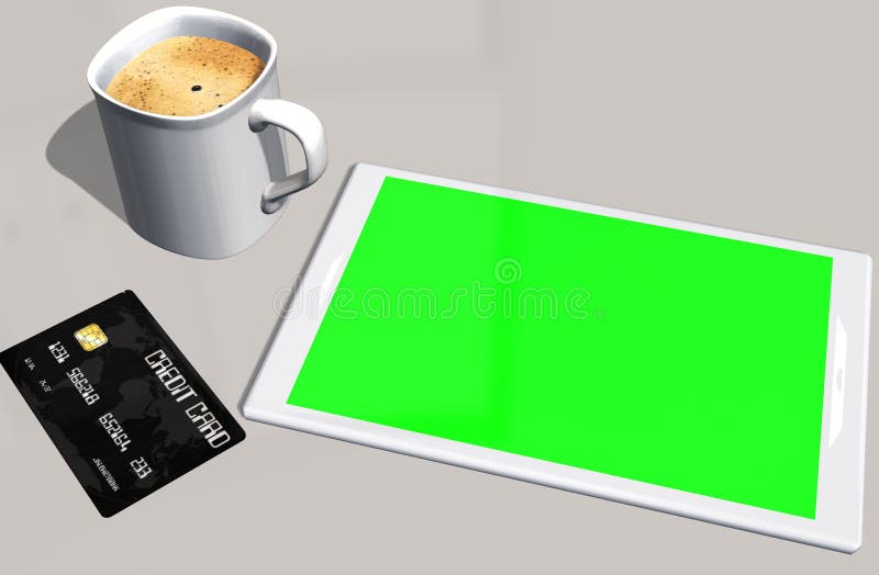 Green Screen Tablet PC Credit Card and Cup of Coffee Stock Illustration ...
