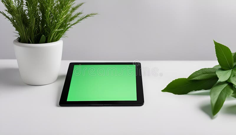 Green Screen Tablet with Plants on White Table Stock Image - Image of ...
